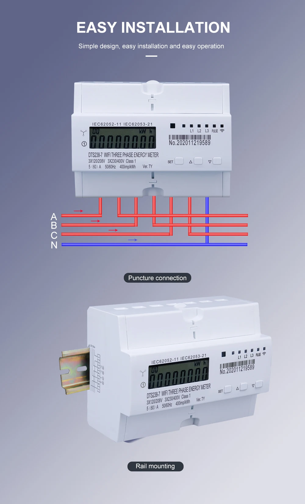 Tuya 3 Phase DIN Rail WIFI Smart Energy Meter - Power Monitor