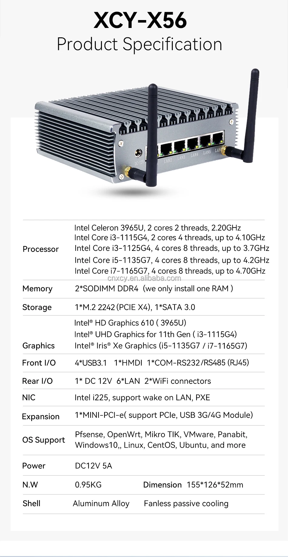 XCY Mini PC with I5-1135g7, 6 LAN Ports, and Fanless Cooling