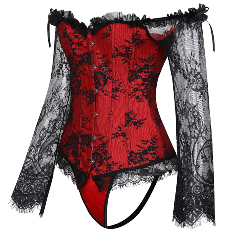 Plus Size Gothic Floral Long Sleeve Lace Overbust Corset Steampunk ...