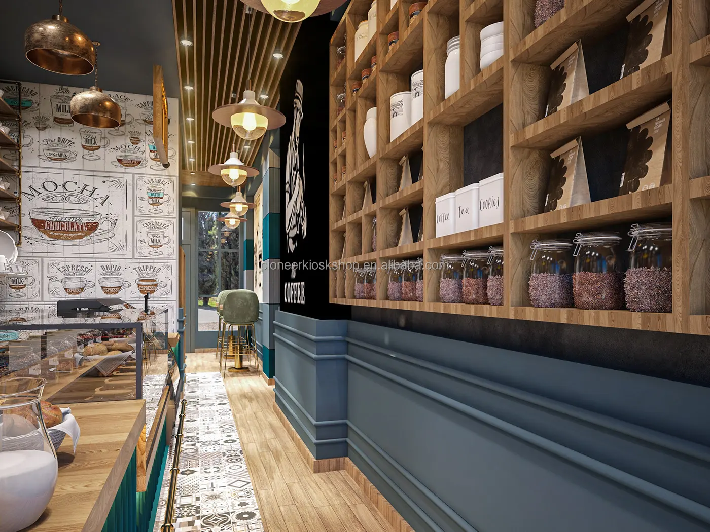 Retail Coffee Shop Counter Coffee Bean Display Shelves Cake Pastry Shop ...