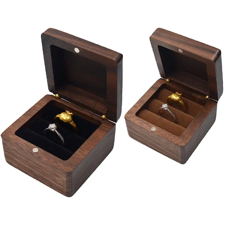 Custom Logo Square Wood Ring Box Packaging Walnut Luxury Gift Ring Case ...