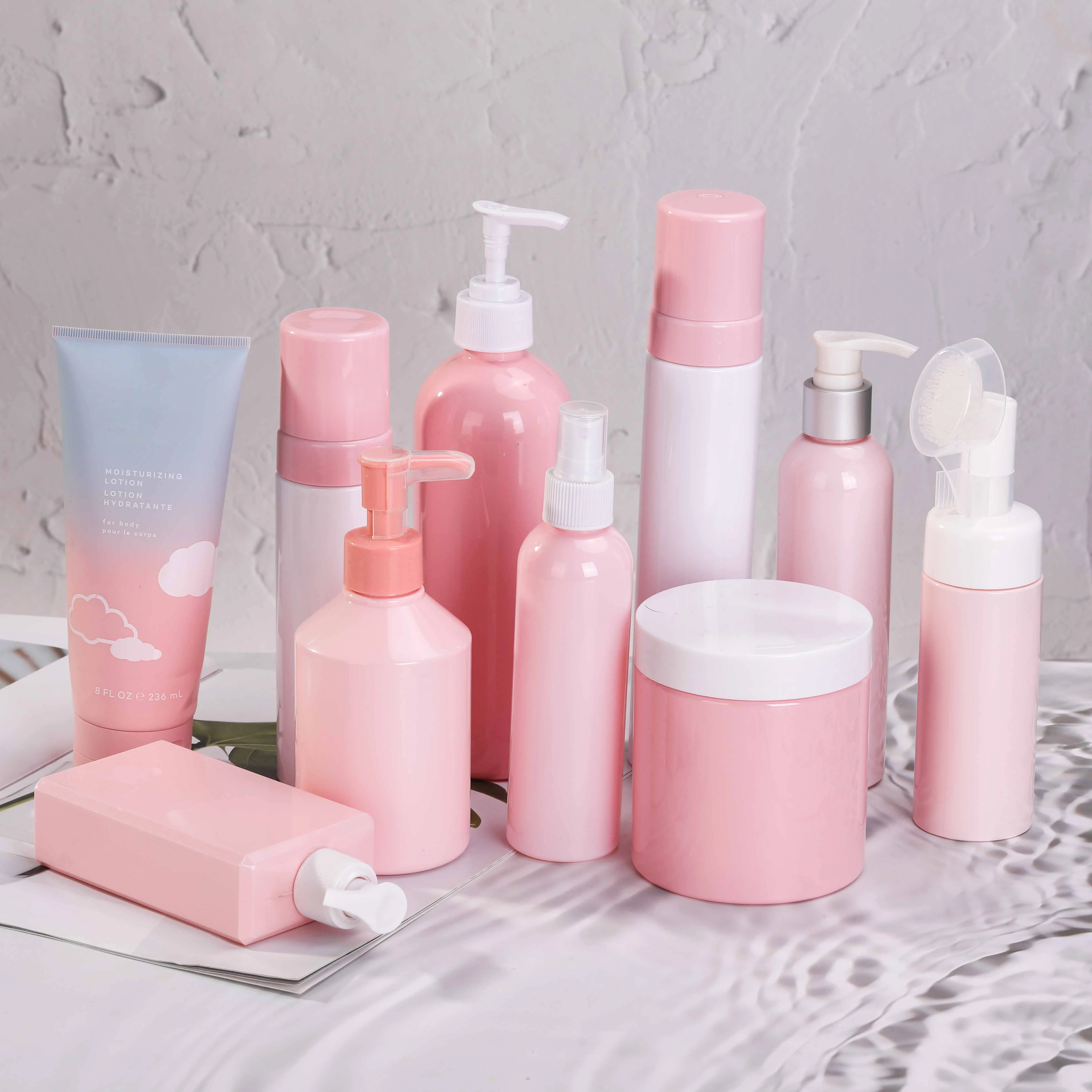 Empty Cosmetic Pink Plastic Skin Care Set Packaging Bottle