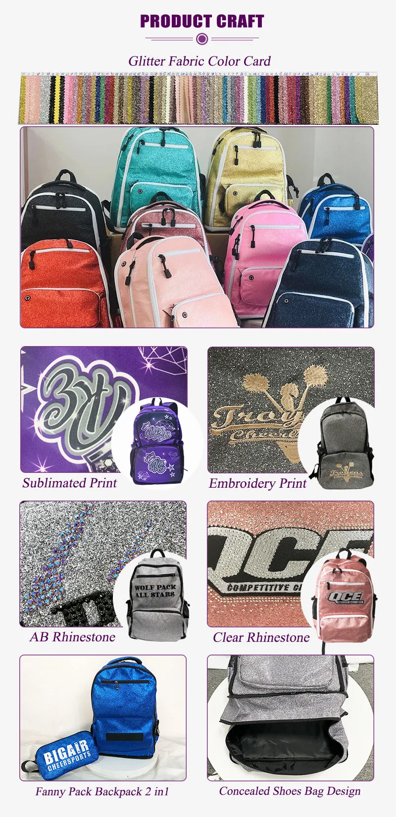 Golden Glitter Backpack Cheerleading Cheer Bag Accessories Dance Studio ...