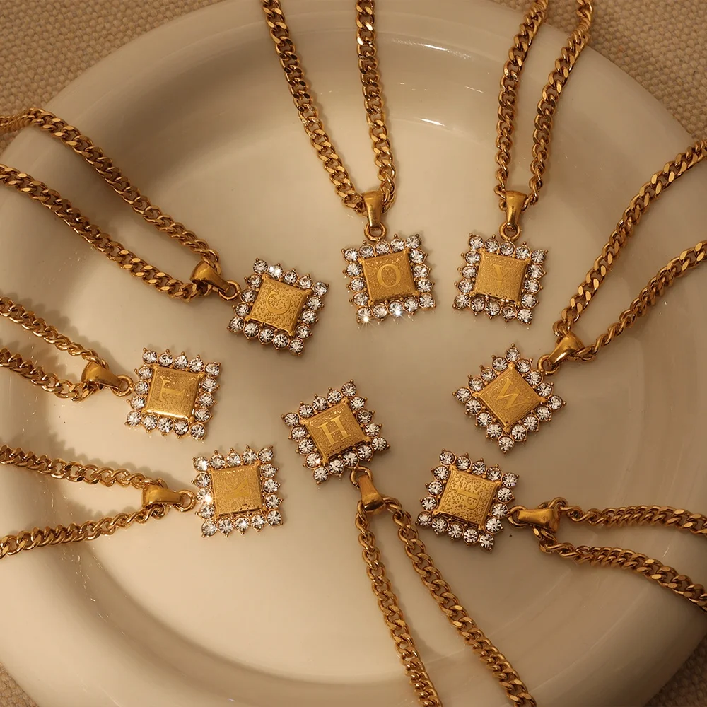 New Trendy Bling CZ Crystal 26 Alphabet Pendant Necklace Wholesale 18k PVD Gold Stainless Steel ...