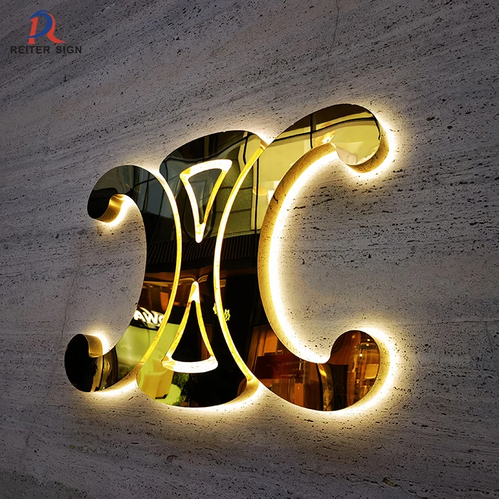 Custom Indoor Outdoor LED Illuminated Wall Mirror Gold Steel Logo Big ...