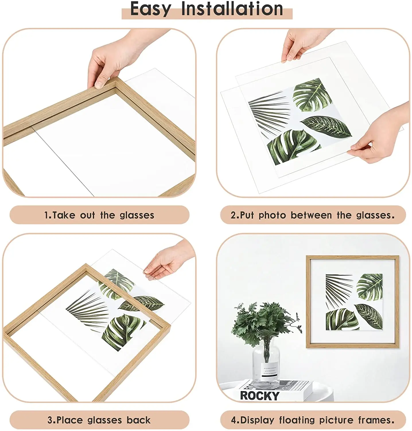 Natural Wood Finished Decorative Double Sided Glass Frame