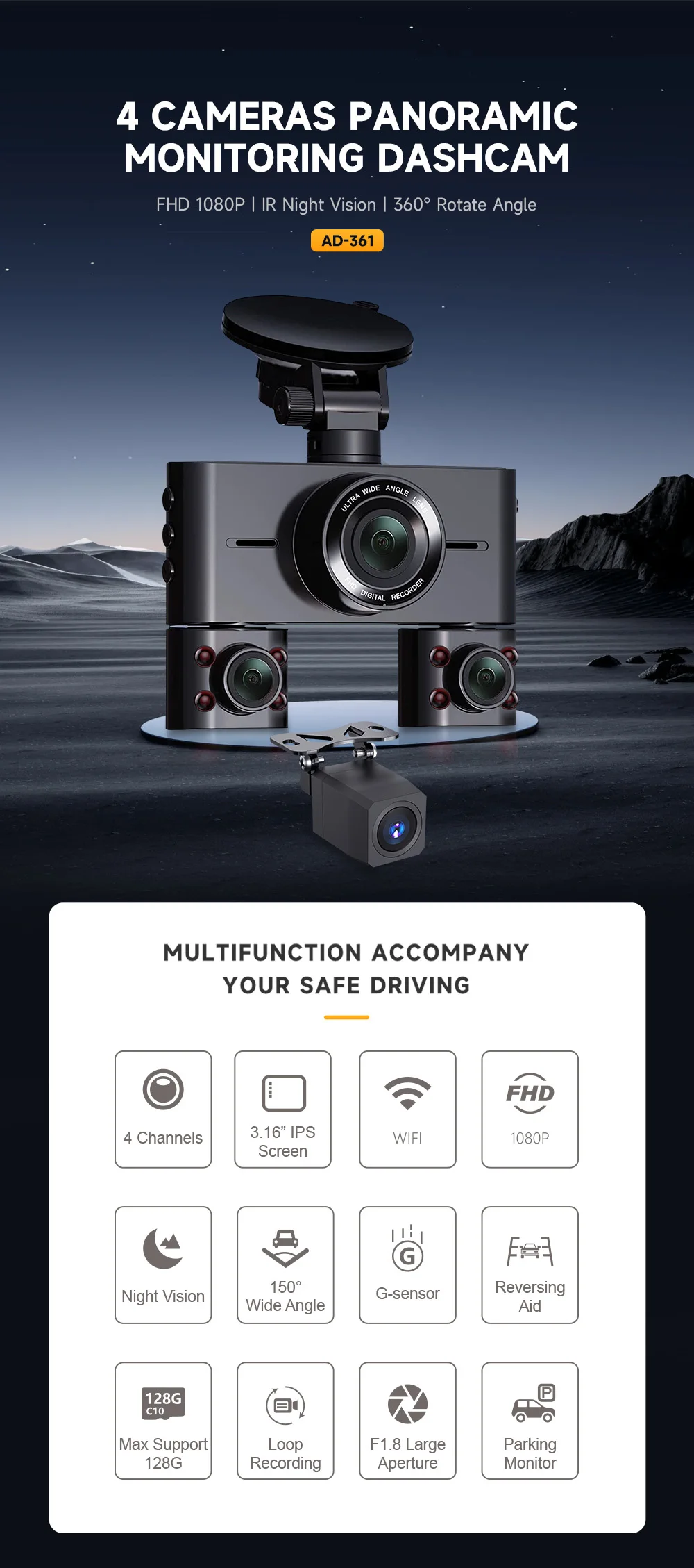 4 Channels Dashcam 360 Degree Recorder DVR Car Security