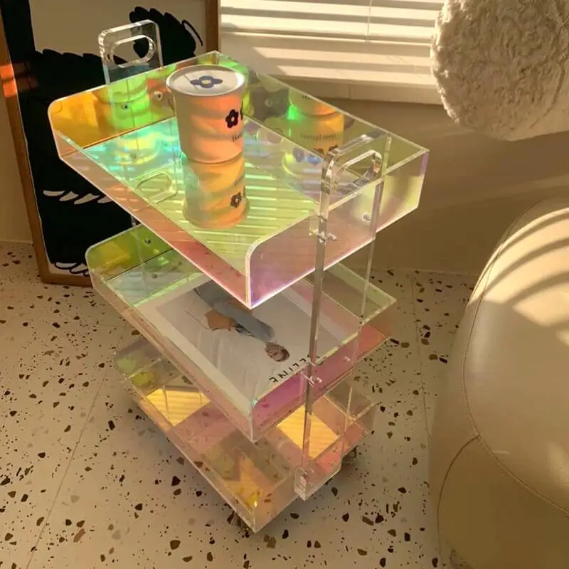 Clear Iridescent Rainbow Guangdong Bar Bathroom Kitchen Trolley Storage Utility Acrylic Rolling Cart