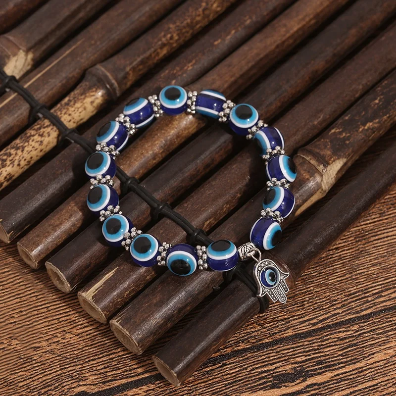 Fashion Jewelry Blue Eye Stone Charm Handmade Elastic Rope Palm Lucky ...