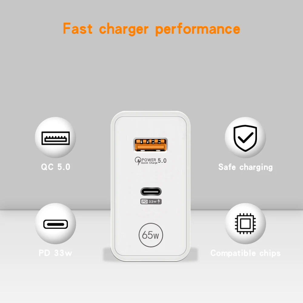 65W Gallium Nitride Laptop Charger PD 33W Fast Charge Mobile Phone Charger QC5.0 Universal Gan ...