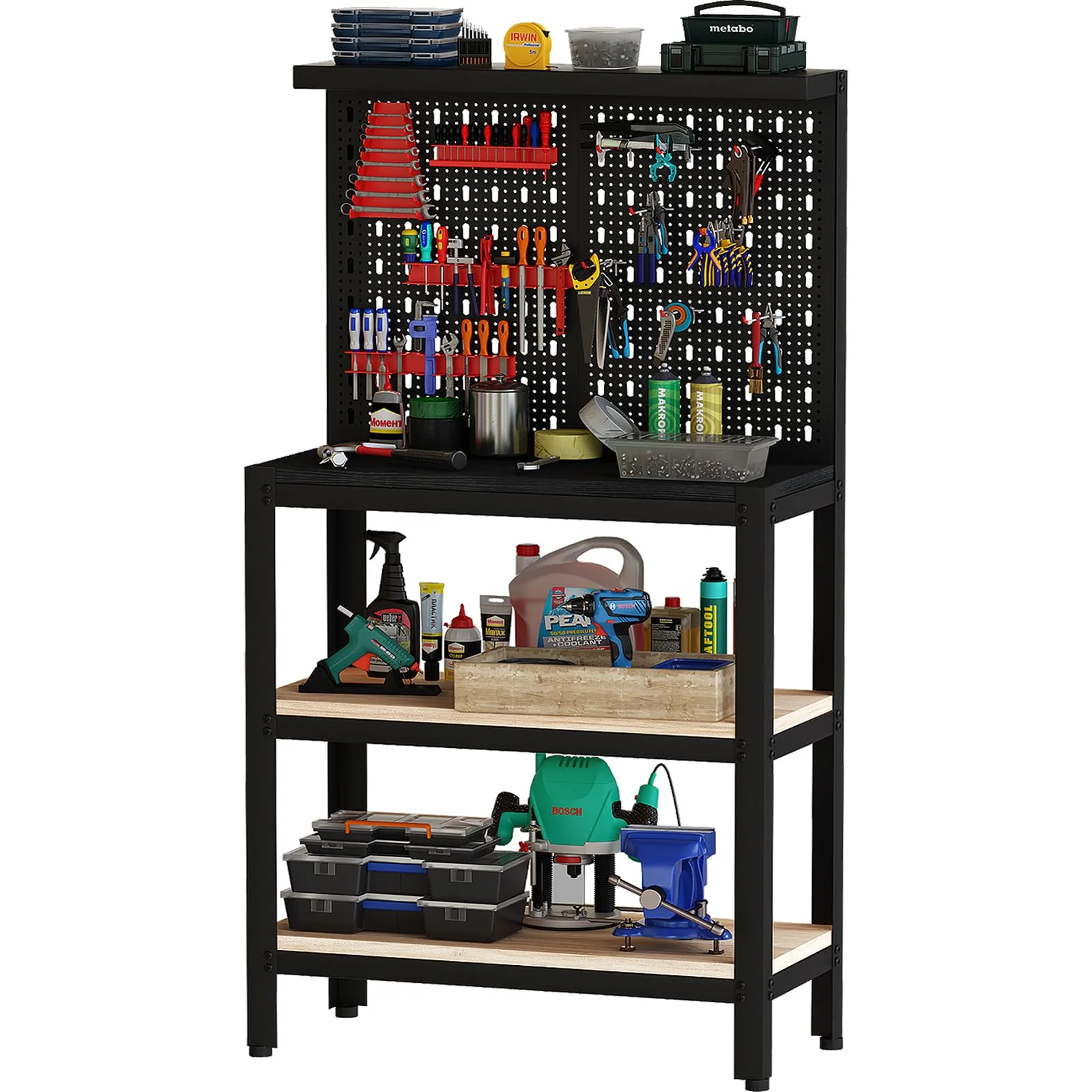 Garage Workbench 3 Tier Work Bench Table With Pegboard & 2 Open Shelves ...