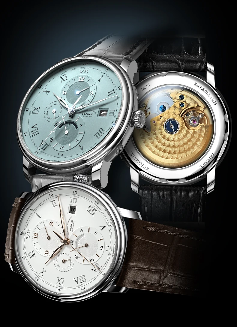 BORMAN Stainless Luxury Leather Belt with Mechanical Watch