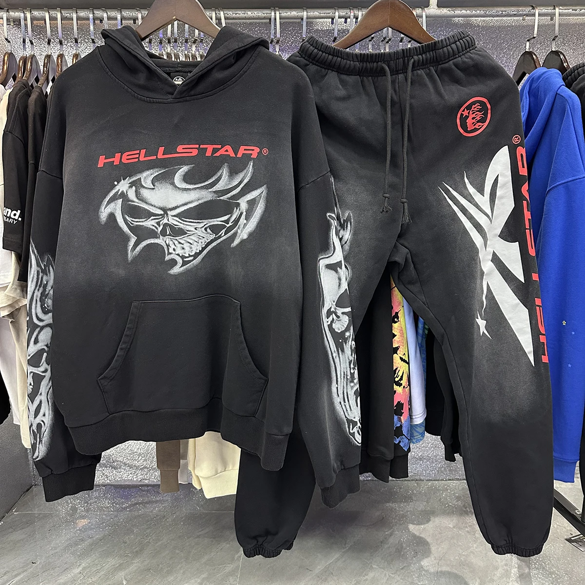 Top Quality Hellstar Sweatpants And Hoodie Set Tracksuits Acid Wash Vintage Retro Clay Print ...