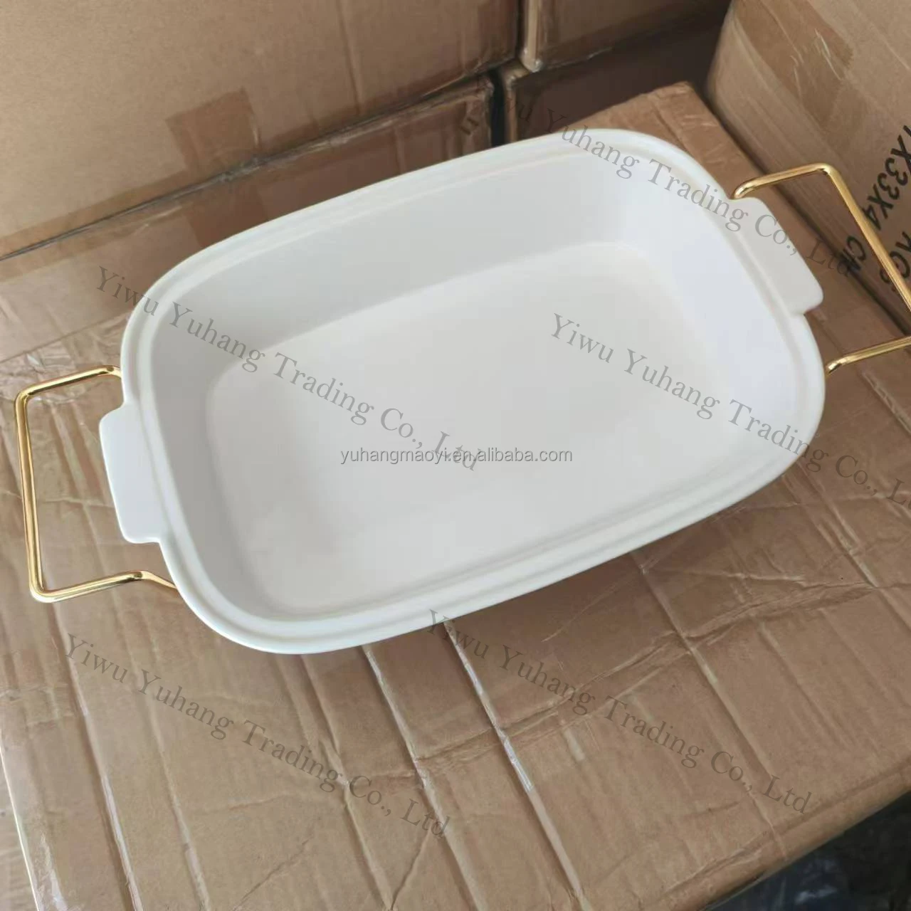 RTS Rectangular Golden Casserole Ceramic Pot with Gold Rack