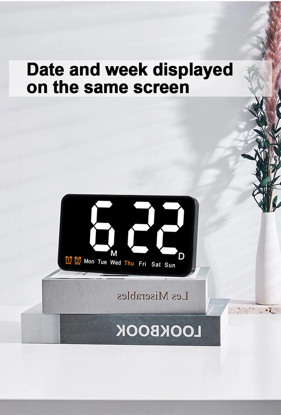 Wall Mounted Digital Clock Dual Alarms Date Week Temperature Display ...