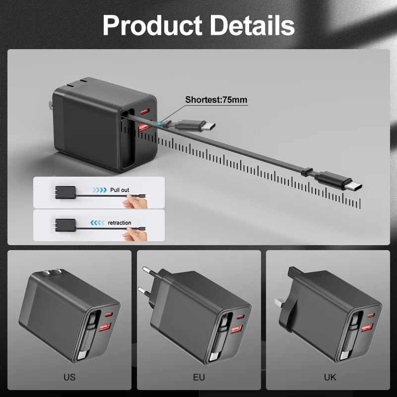 65W USB C Retractable Type C Cable and Dual Port Travel Charger (GaN3 ...