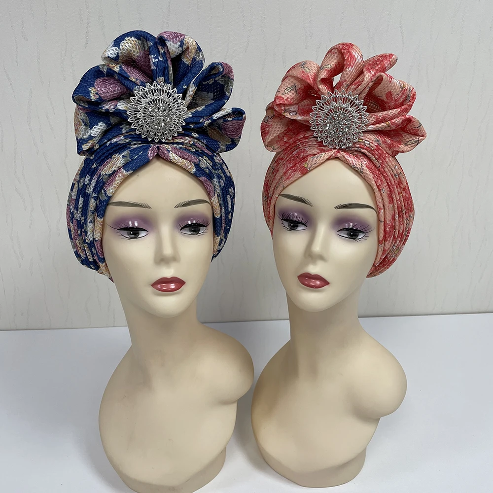 2022 Fashion Printed Mesh Turban Ladies Women Muslim Head Turban Hat ...