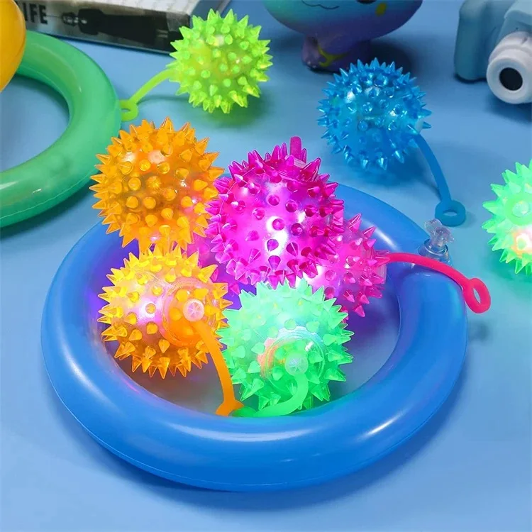 Light Up Fidget Spiky Toy Stress Relief Spike Rubber Ball Led Flashing Spiky Balls With Rope