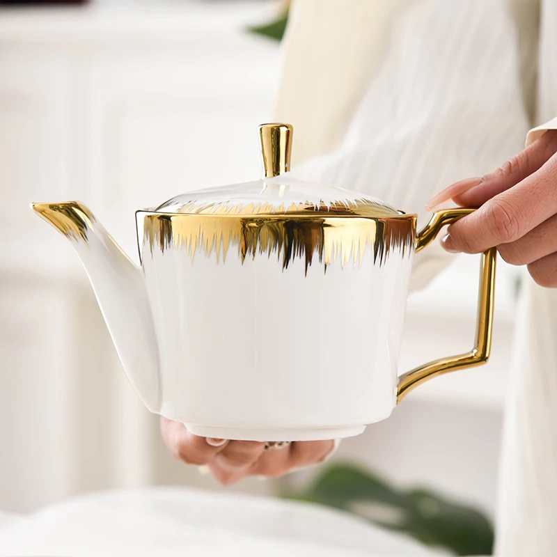 8pcs Ceramic Marble With Gold Tea Set For 6 Person With Big Tray Luxury ...