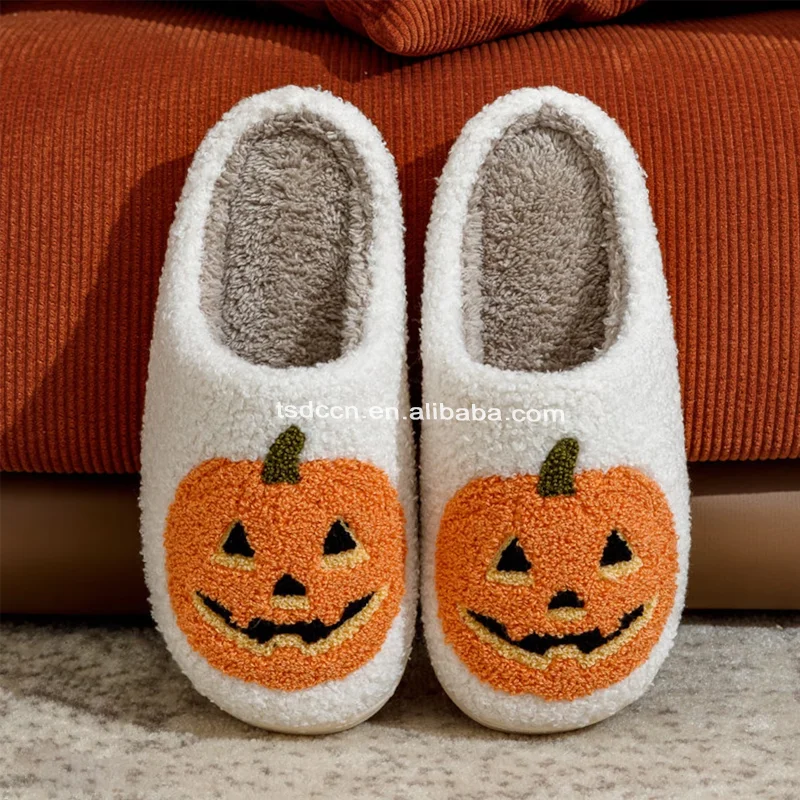 Wholesale Pink Halloween Pumpkin Horror Face Slippers Plush Indoor ...