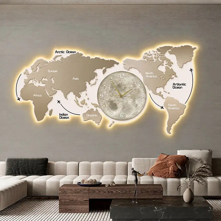 Modern Home Decor World Map Wall Art With Led Lights Simple Living Room ...