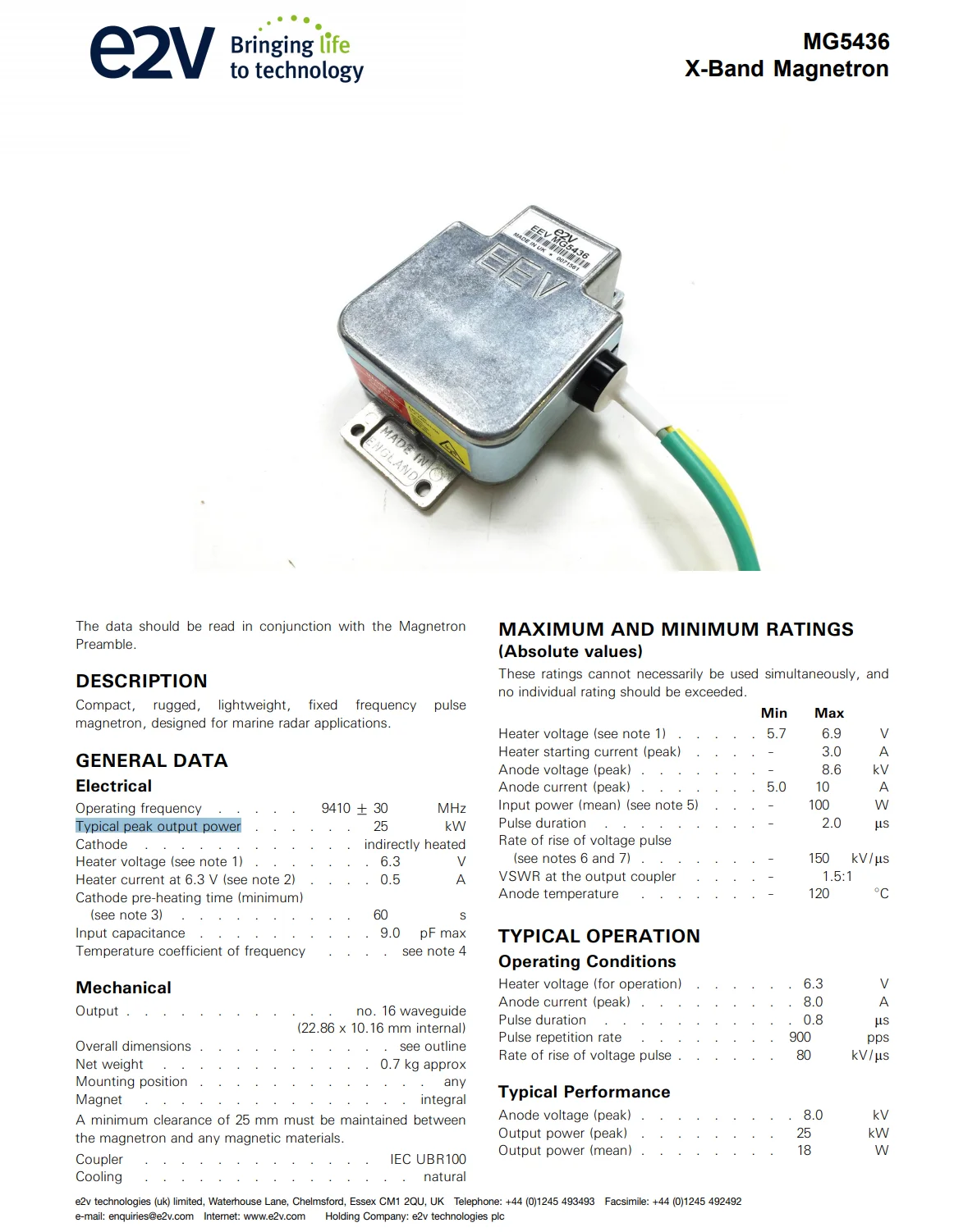 E2V MG5436 Magnetron - 25KW Marine Radar for Navigation