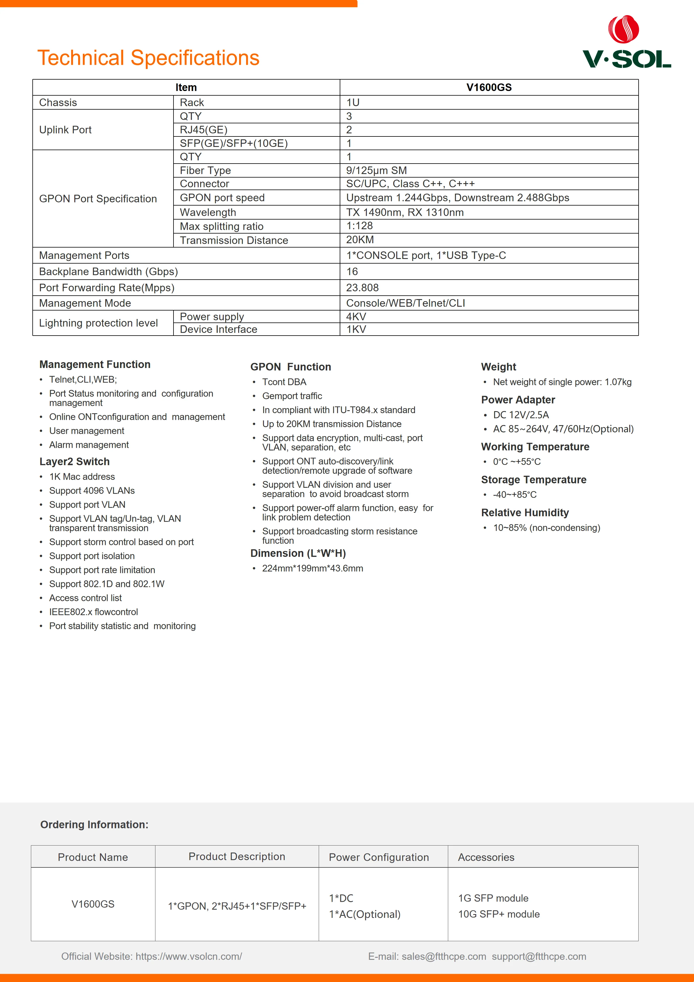 2023 Vsol V1600GS OLT - 128 User, 1GE, 10GE PON XGPON Mini OLT