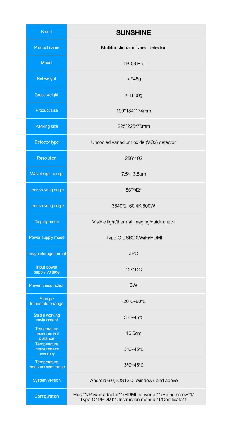 SUNSHINE TB-08 Pro Infrared Thermal Camera - Fast Diagnostics