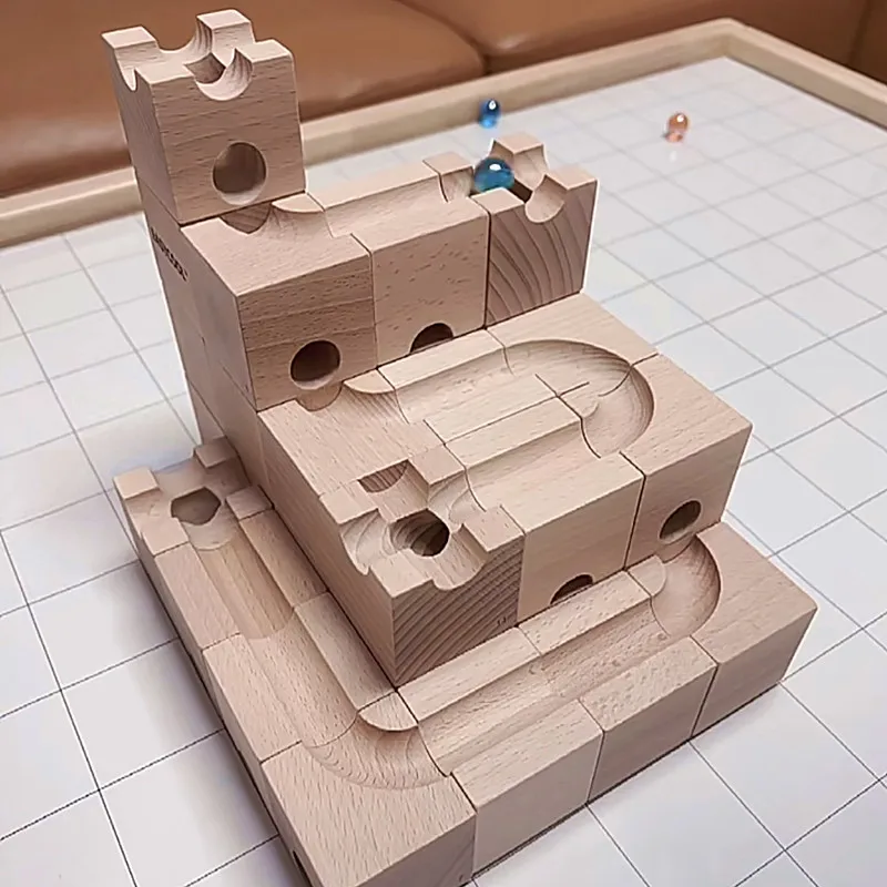 59 Pieces Wooden Marble Run Toy Kit With Building Blocks And Pipes For ...