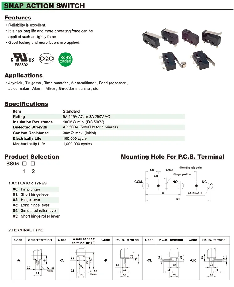 Taiwan Brand High Precision Micro Switch Ss0502 Long Metal Spring Plate ...