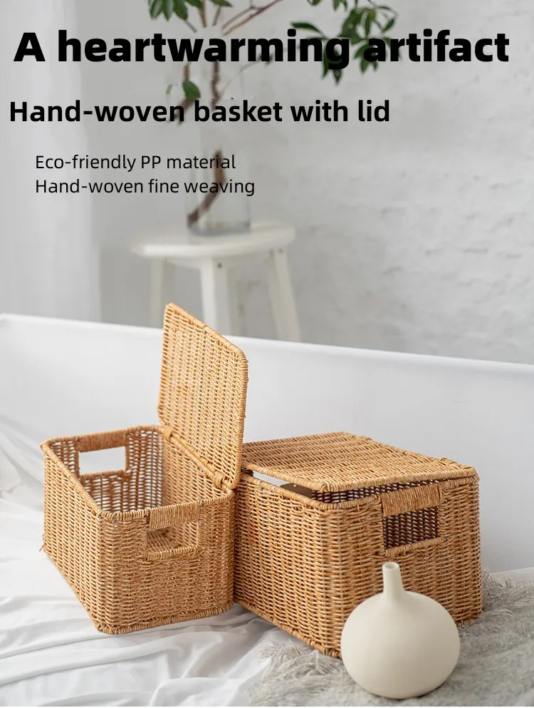 Handmade Rectangle Storage Rattan Basket With Lid Bins Woven Storage ...