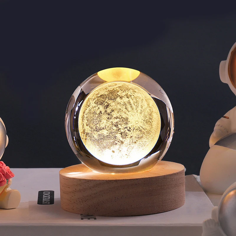 3D Carved Star Solar System Table LED Lamp Wood Base