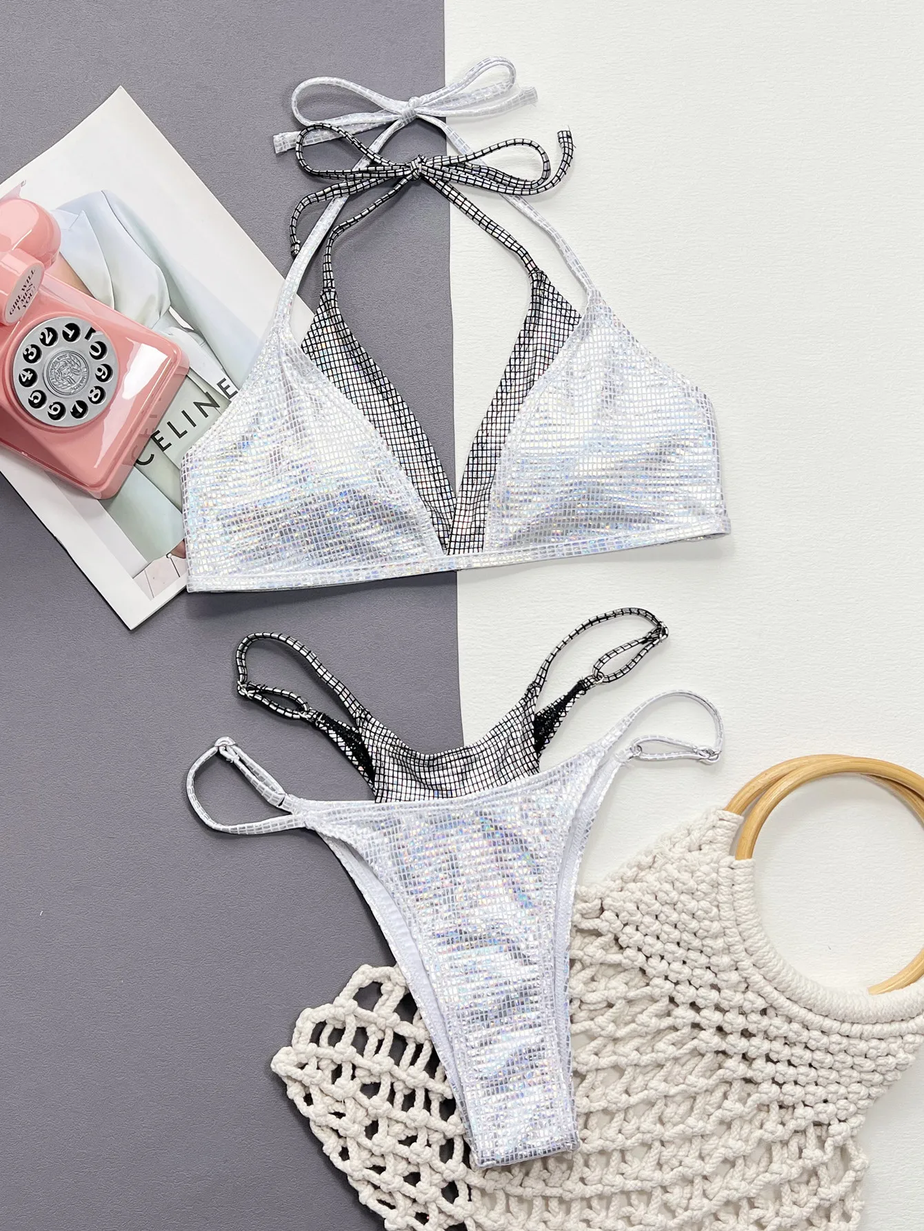 Women Shiny Swimsuit Sexy Thong Bikinis Triangle Swim Micro Mini ...