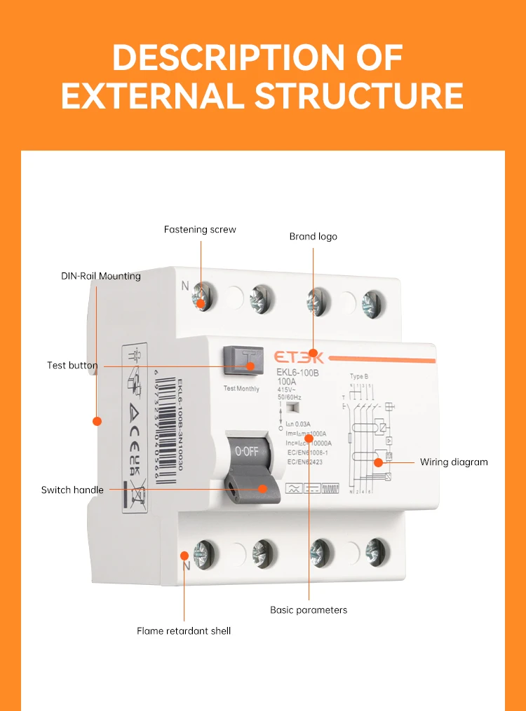 Etek Type B Earth Leakage Circuit Breakers Rccb Rcd Din Rail Ekl6-100b ...