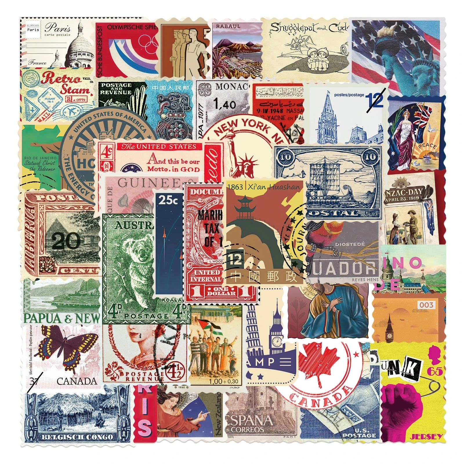 50pcs Vintage Retro Travel Stamp Stickers Scrapbook Phone Laptop Guitar ...