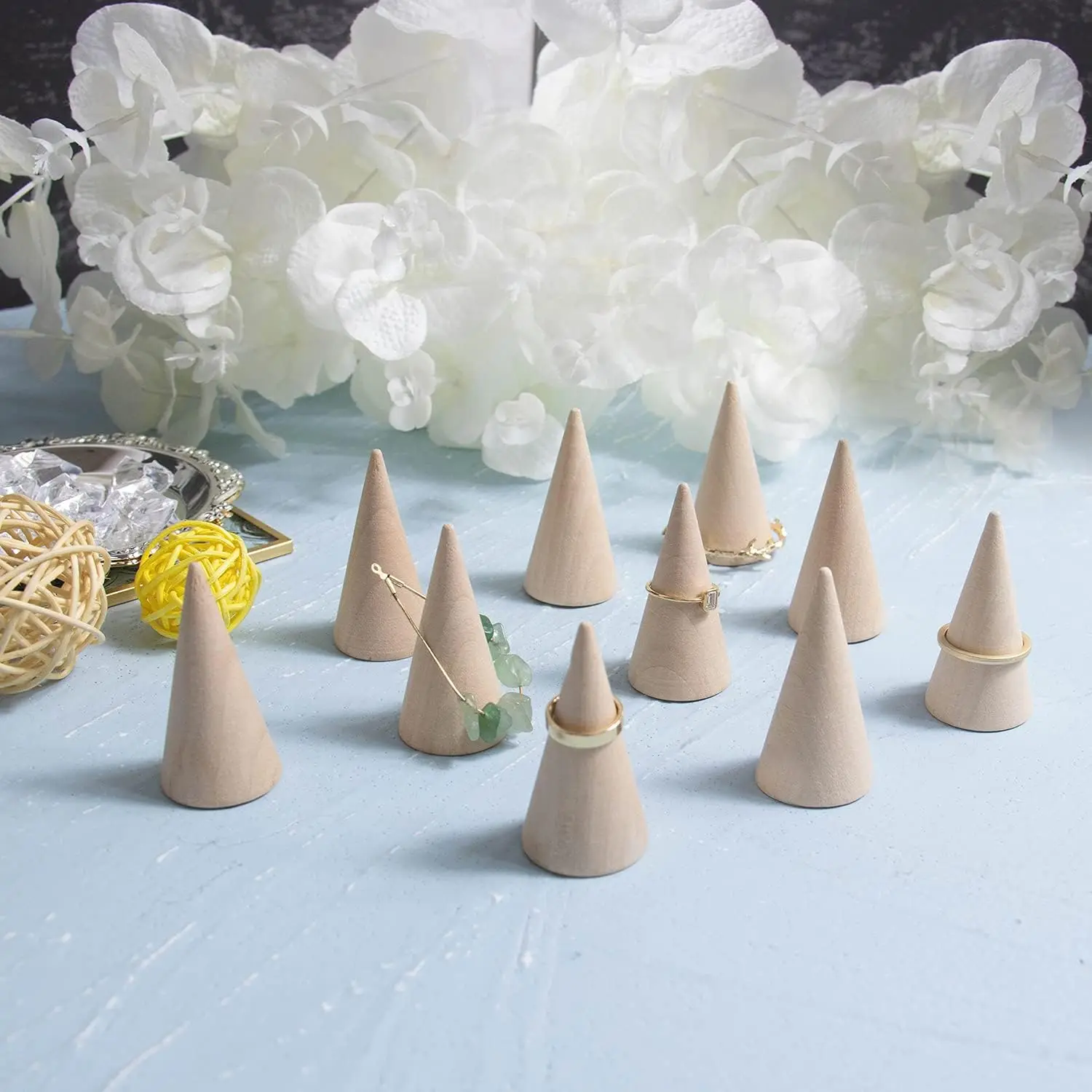 10 Pack Natural Wood Cone Ring Holder Finger Jewelry Display Stand Diy ...