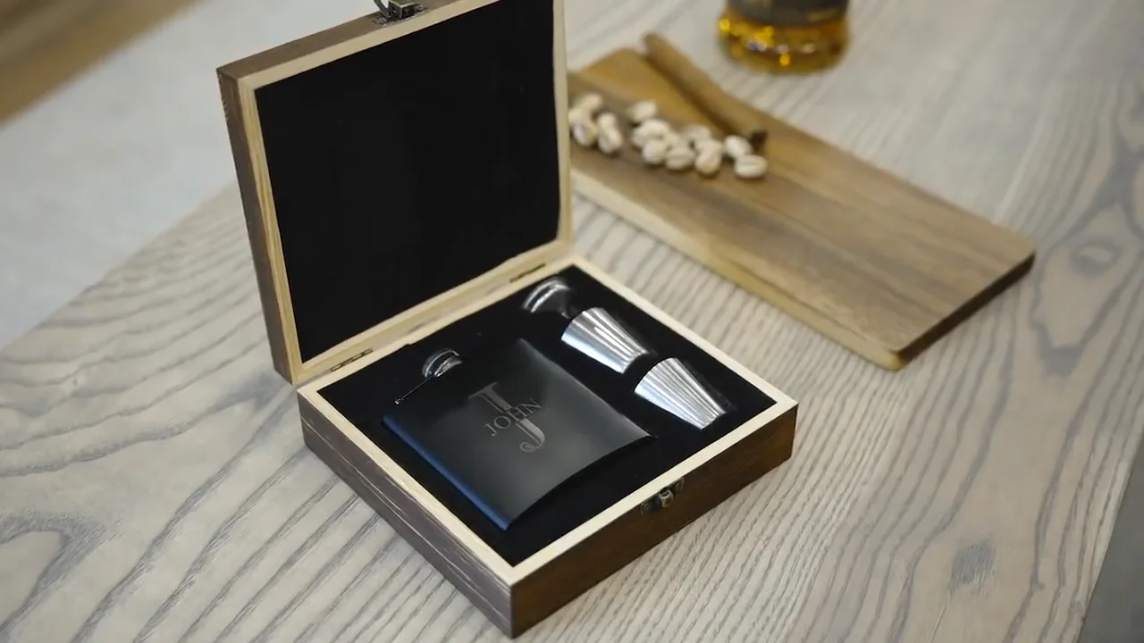 Retro 8oz Whiskey Liquor Hip Flask In Wooden Box Gift Set Men Leather ...