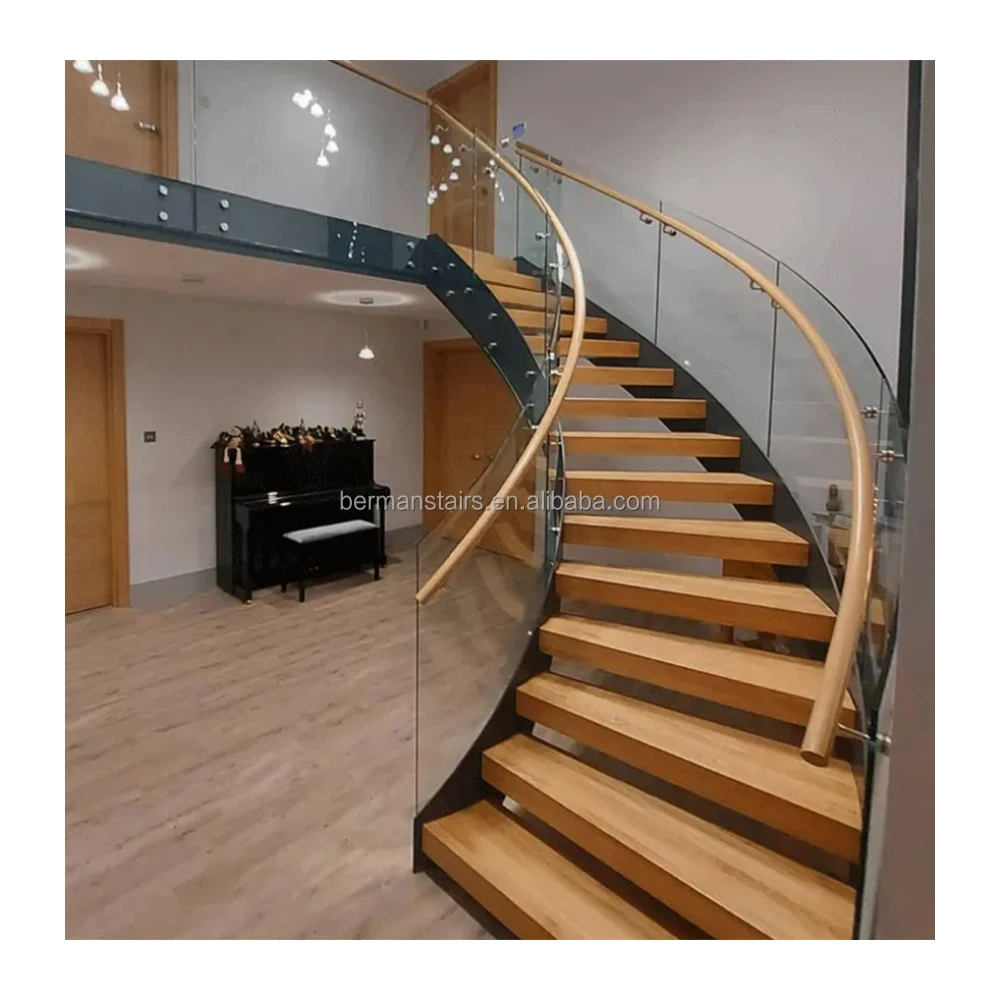 Indoor Modern Solid Oak Wood Treads Arc Glass Balustrade Curve Stairs ...