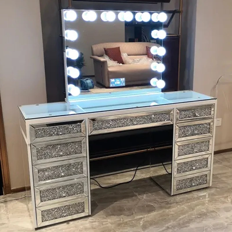 Modern Sparkling Diamond Silver Mirrored Dressing Table 11 Drawer ...