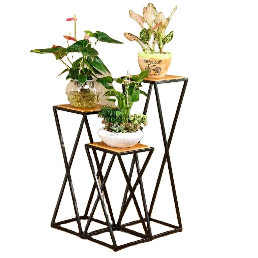 Flower Racks Solid Wood Iron DIY Multi-Layer Floor Pots Potted Balcony ...