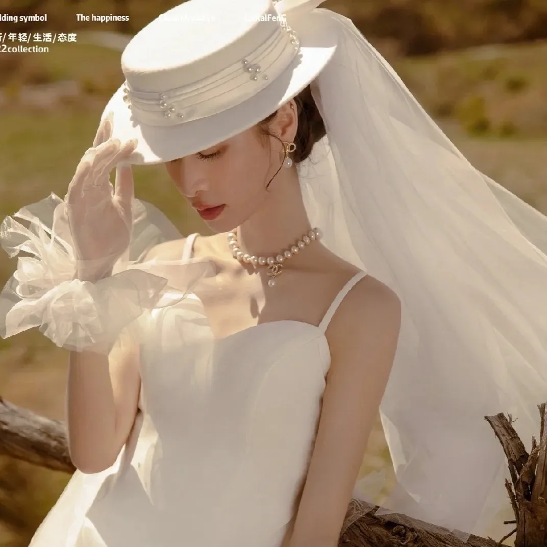 New French Top Hat Veil Vintage Wool Tweed Elegant White Bow Hat Hair ...