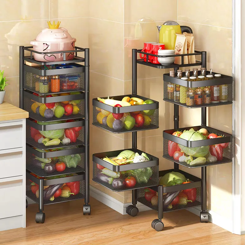 Metal Trolley Cart with Multilayer Rotating Vegetable Baskets