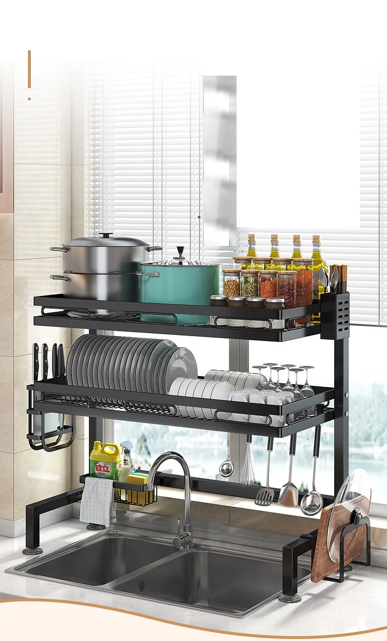 Adjustable 2 Tier over Stainless Steel Drainer Sink Rack