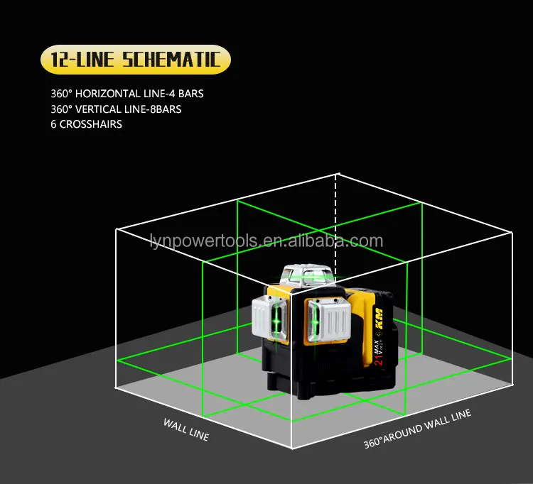 KM Multi-Propose Self Leveling 360 Rotary Green 3D Laser Level 12 Line ...