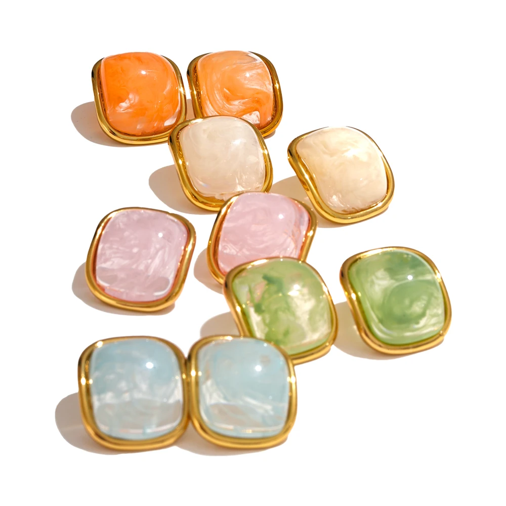 JINYOU 3998 New Arrival Macaron Color Resin 18k Gold Plated Earrings Stainless Steel Fashion ...