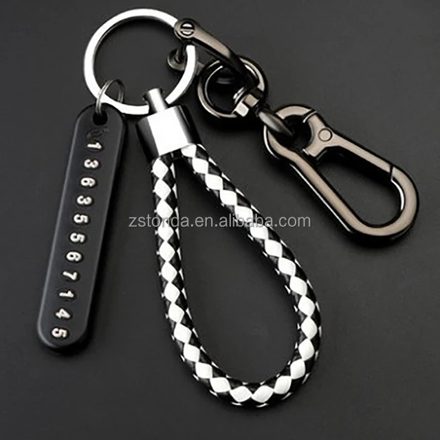Anti-lost Car Keychain Phone Number Card Keyring Leather Bradie Rope ...
