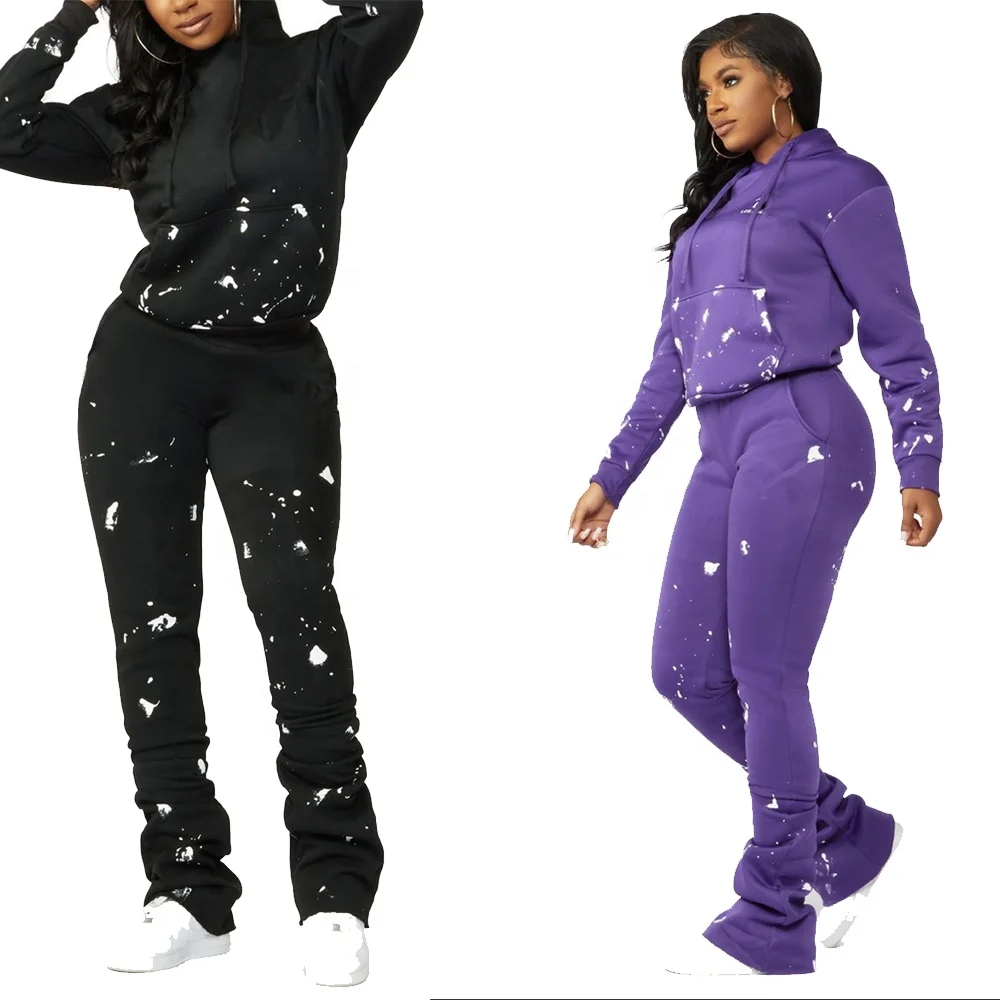 Ky Splash Ink Print Stacked Pants Women Sweatsuit Tracksuit Two Piece ...
