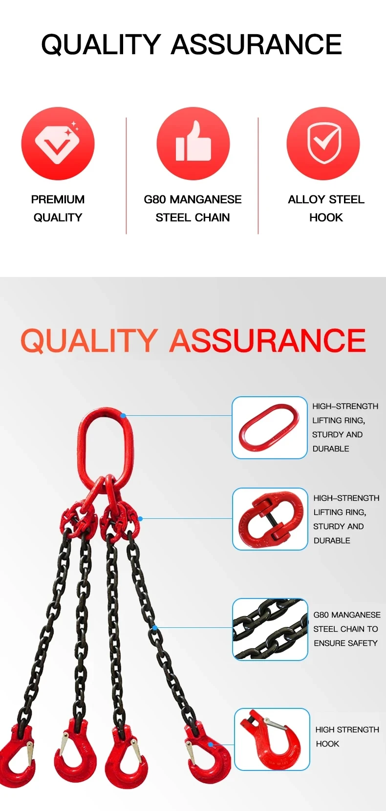8 Ton 2-Leg Chain Sling 16 mm Diameter Grade 80 Welded Steel Hoisting ...