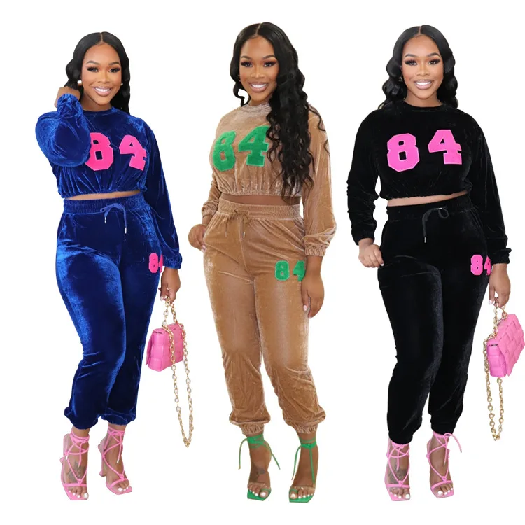 Zhezhe Spring 2024 Solid Velvet Sweatsuit Women Two Piece Sport Suit ...
