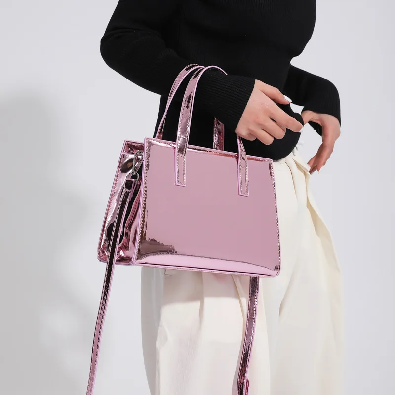 Vegan Leather Metallic Solid Color Tote Bag Female Ladies Famous Brand ...